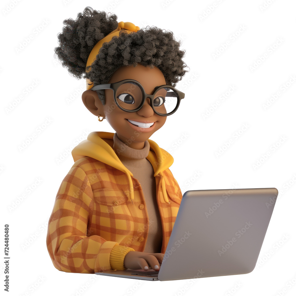 3d cartoon black young woman sitting working using laptop computer on ...