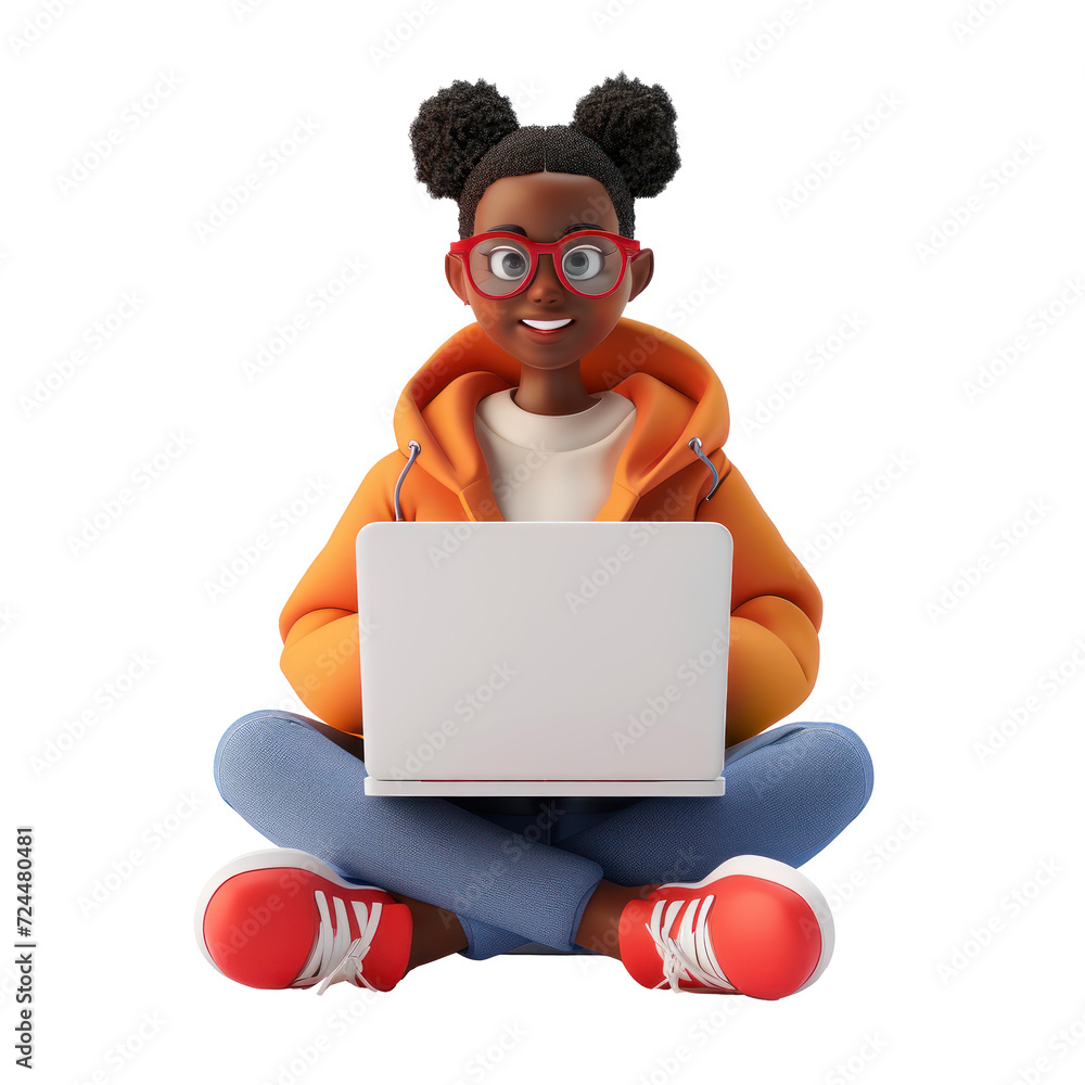 3d cartoon black young woman sitting working using laptop computer on ...