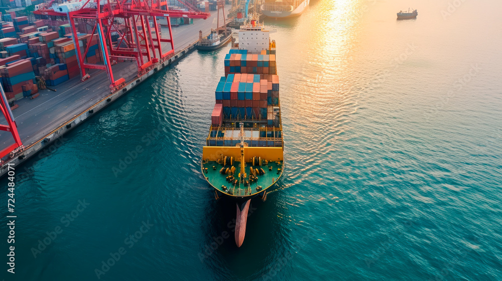 Aerial image of industrial container cargo vessel leaving logistics ...
