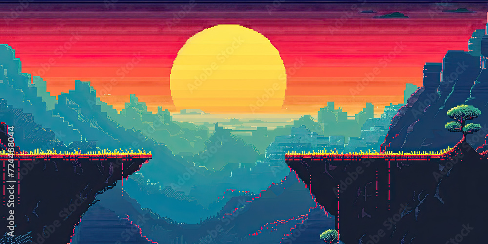 Vintage retro video game level design background, old school graphics ...