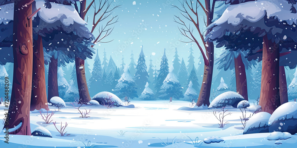 Beautiful snow covered woodland forest scene, video game style anime ...