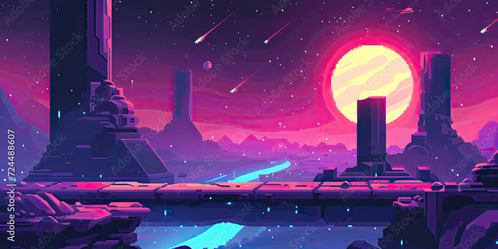 Vintage retro video game level design background, old school graphics ...