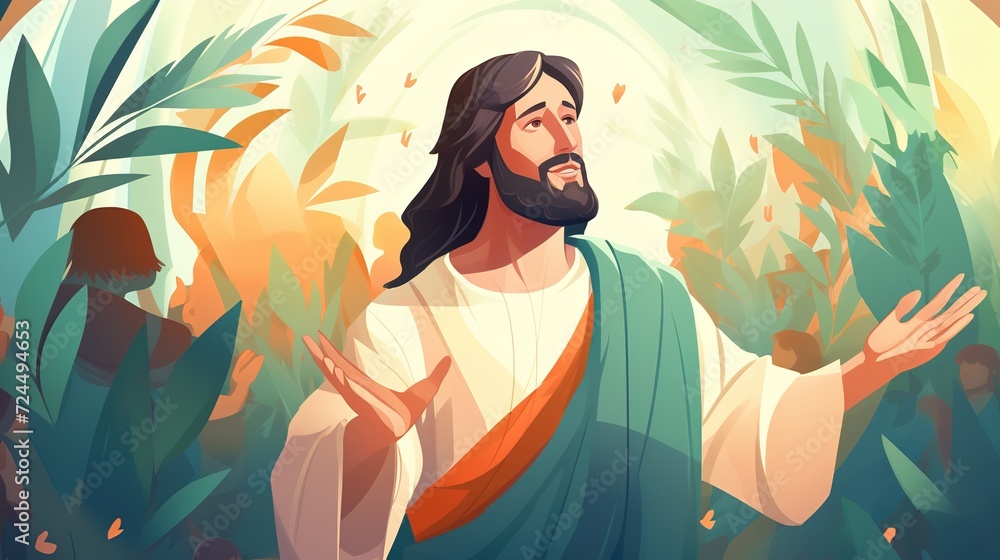 Cartoon illustration of Palm Sunday celebration，AI generated. Stock ...