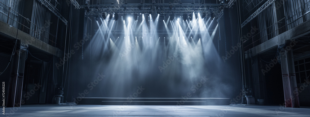 A huge stage with beams hanging across it, music, festivals, concerts ...