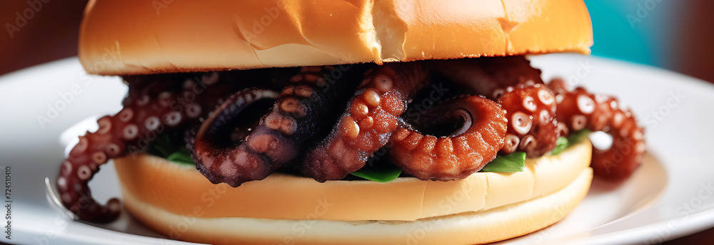 An unusual hamburger with octopus tentacles instead of a patty ...
