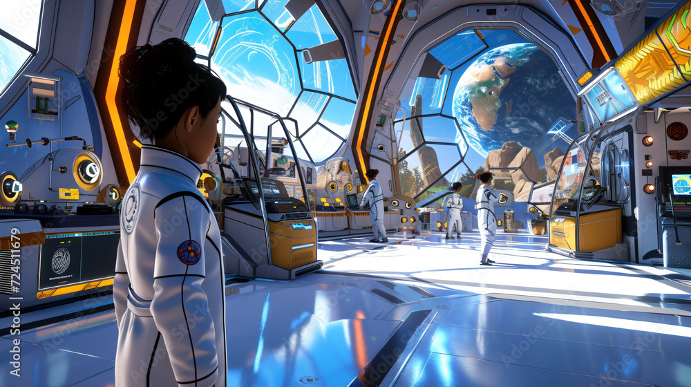 A determined 12-year-old wearing a sleek space academy uniform, ready ...