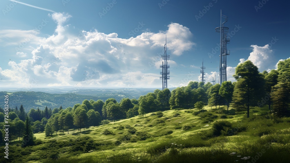 Eco-friendly cell towers camouflaged with greenery, standing tall in a ...
