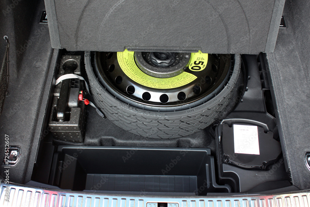 Vinnytsia, Ukraine; September 20, 2023. Audi E-Tron spare tire in the ...