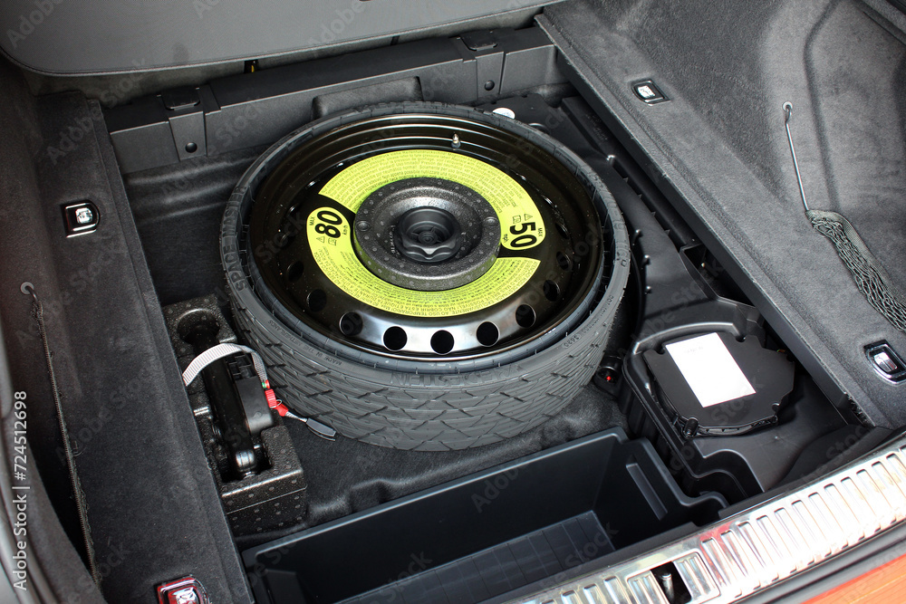 Vinnytsia, Ukraine; September 20, 2023. Audi E-Tron spare tire in the ...