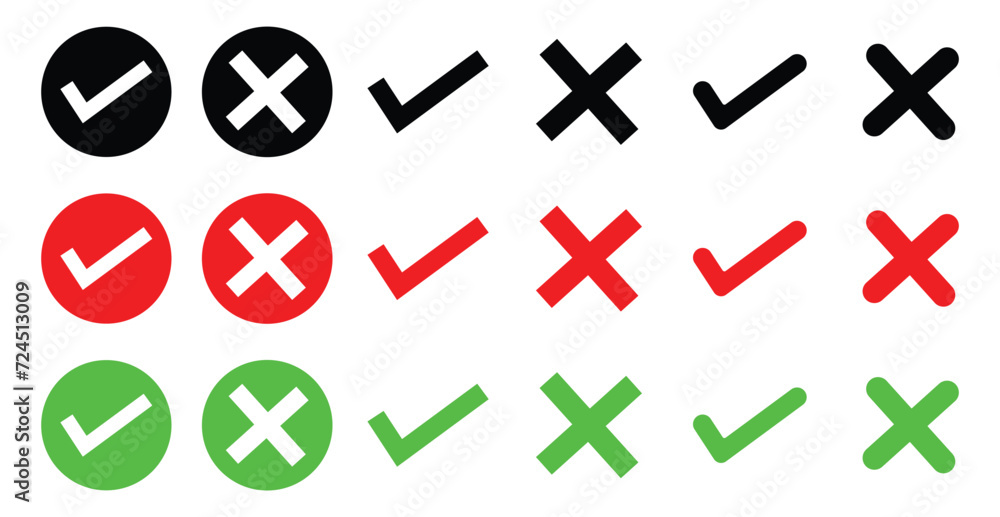 Black, Green, red check mark, cross mark icon set. Isolated tick ...