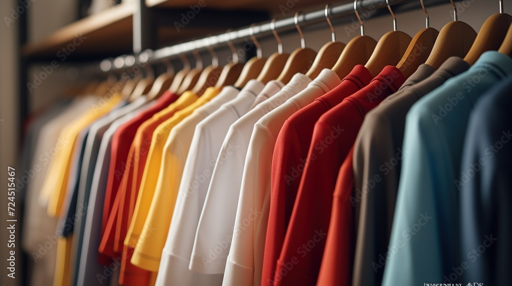 Clean clothes on hangers hanging in rack after dry cleaning at the ...