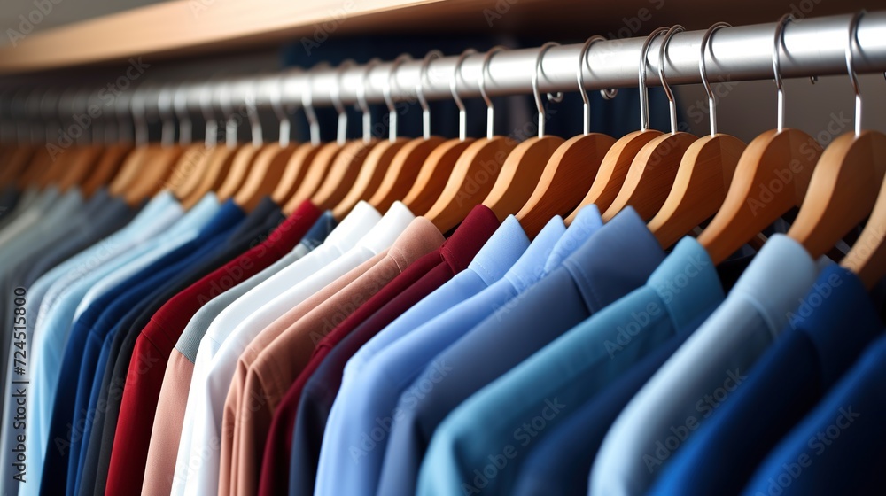 Clean clothes on hangers hanging in rack after dry cleaning at the ...