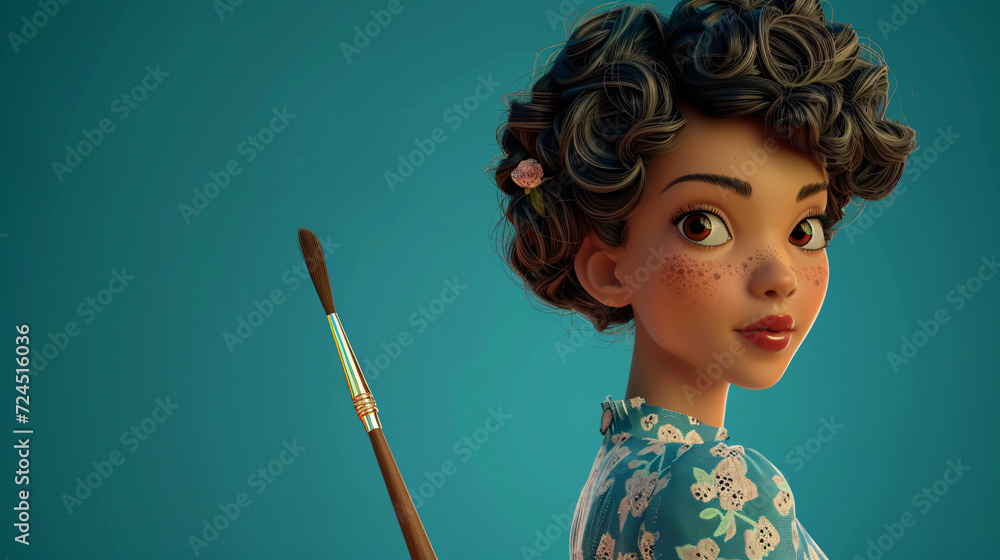 A vibrant and talented cartoon woman artist is depicted in this 3D ...