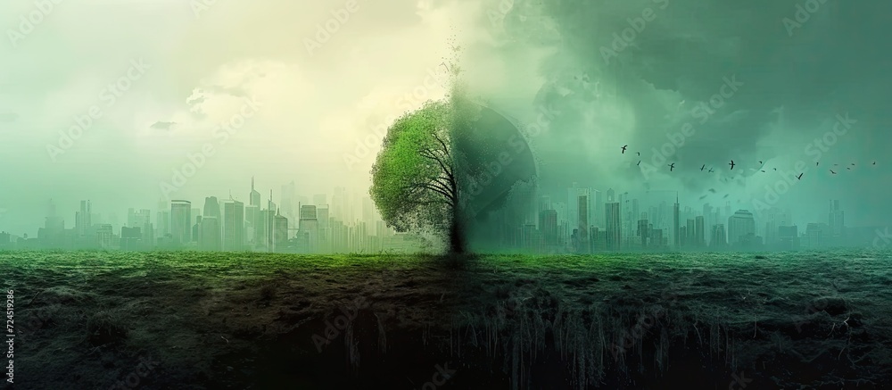 Tree under dramatic sky symbolizing climate change and nature ...