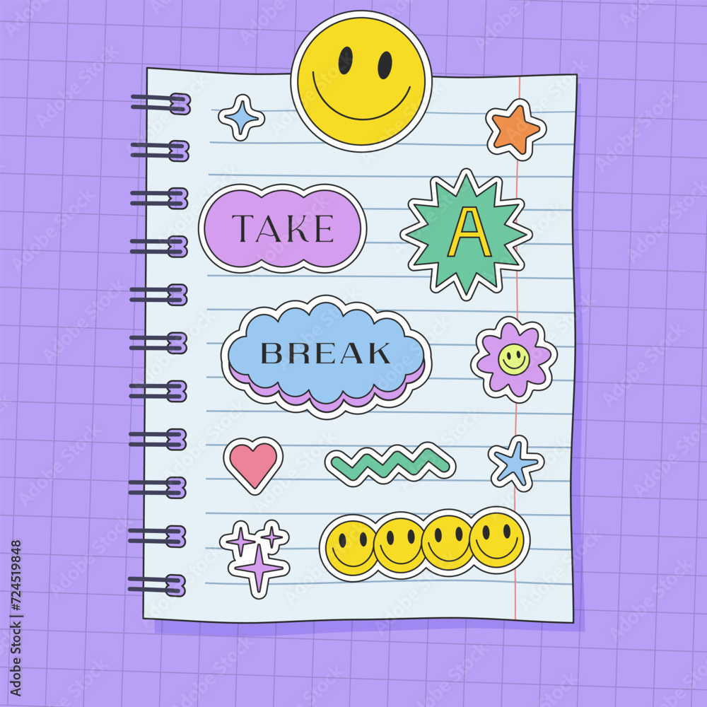Cute Y2k Notebook Paper Page Template. Cool Note With Pop Art Stickers ...