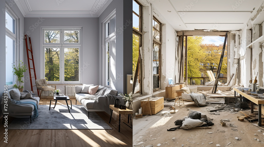 Renovated rooms with spacious windows and heating systems, both before ...