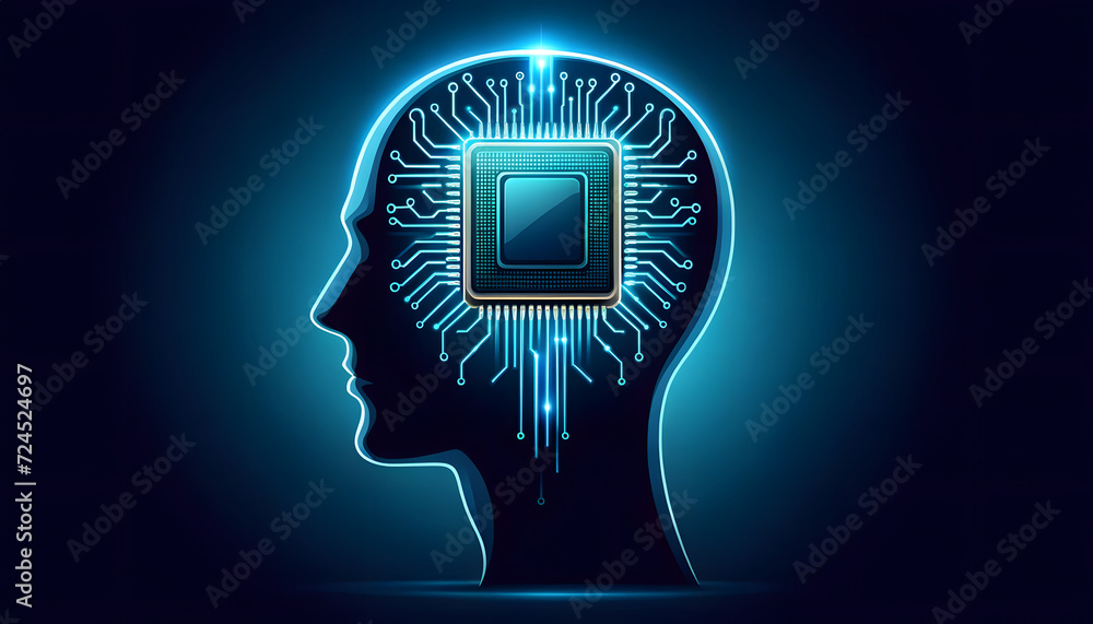 Head with implanted micro chip. Brain-computer interface to connect ...