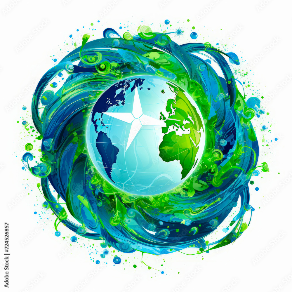 Planet Earth in circle of green leaves, water with digital elements ...
