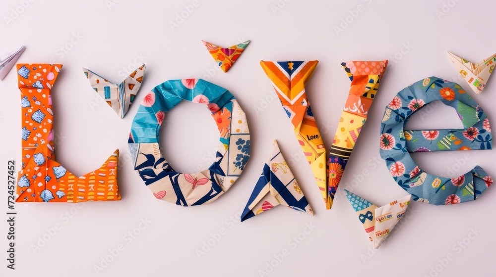 "Love" spelled out in origami figures, each letter a different color ...