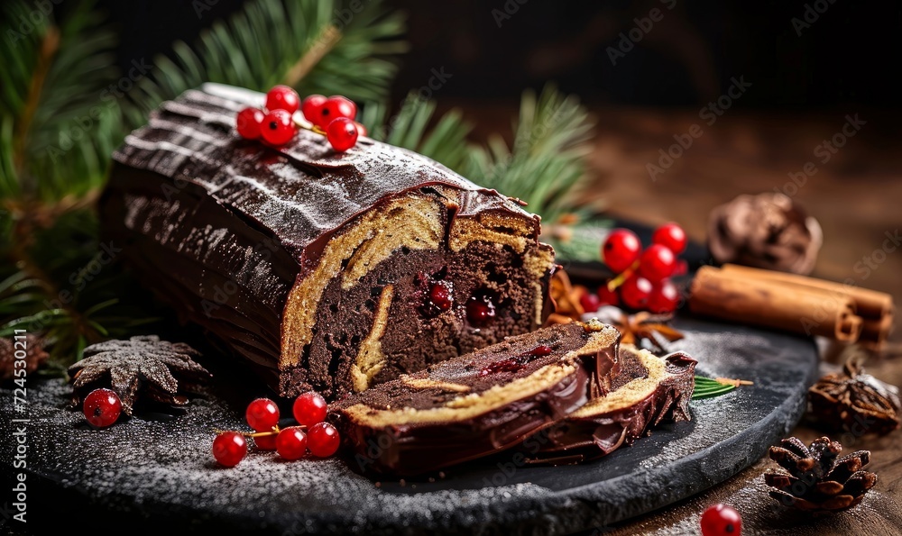 christmas log, traditional christmas cake, buche de noel, chocolate and ...