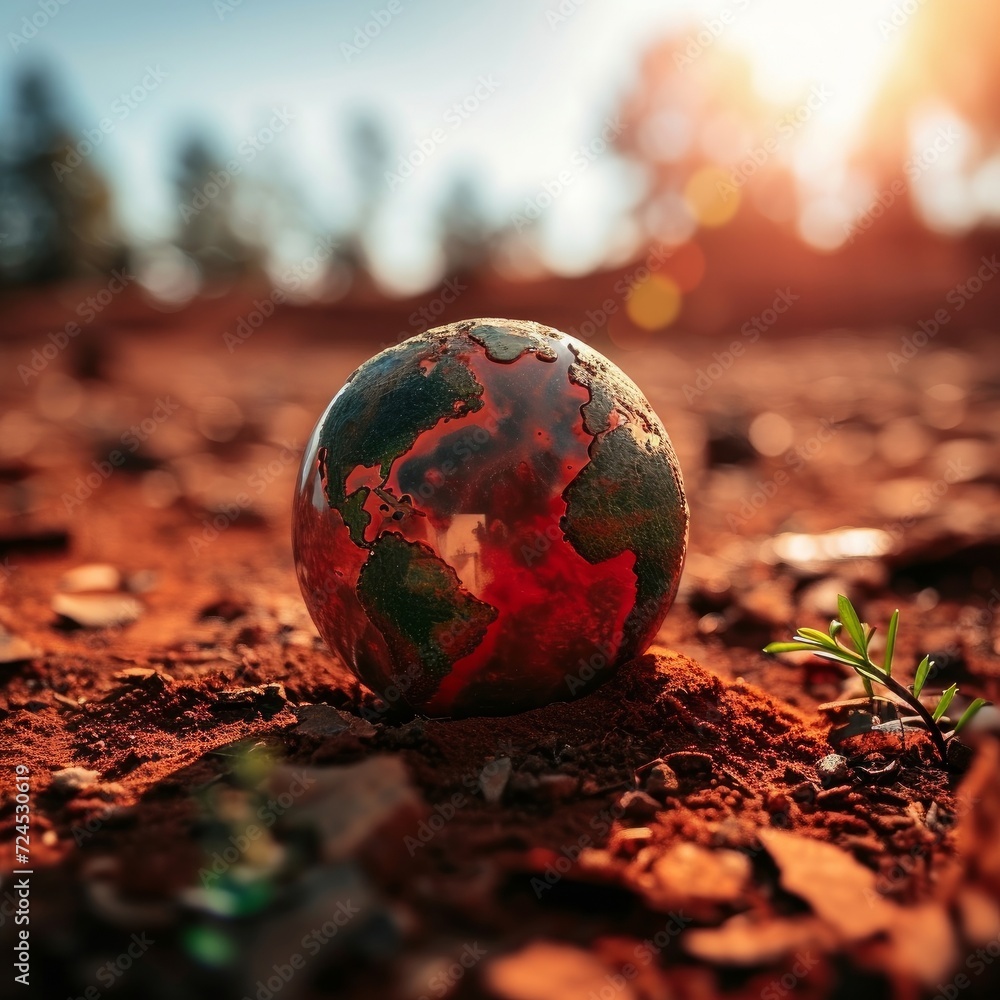 red earth globe in the desert, drought, global warming, plastic waste ...