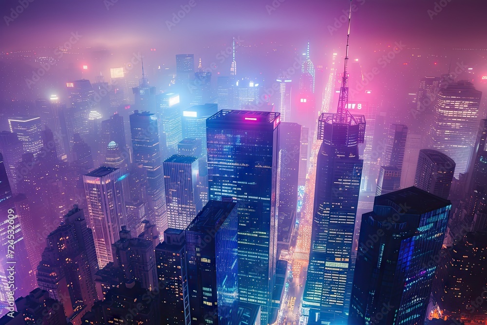 Street life in bustling city center illuminated by neon lights and ...