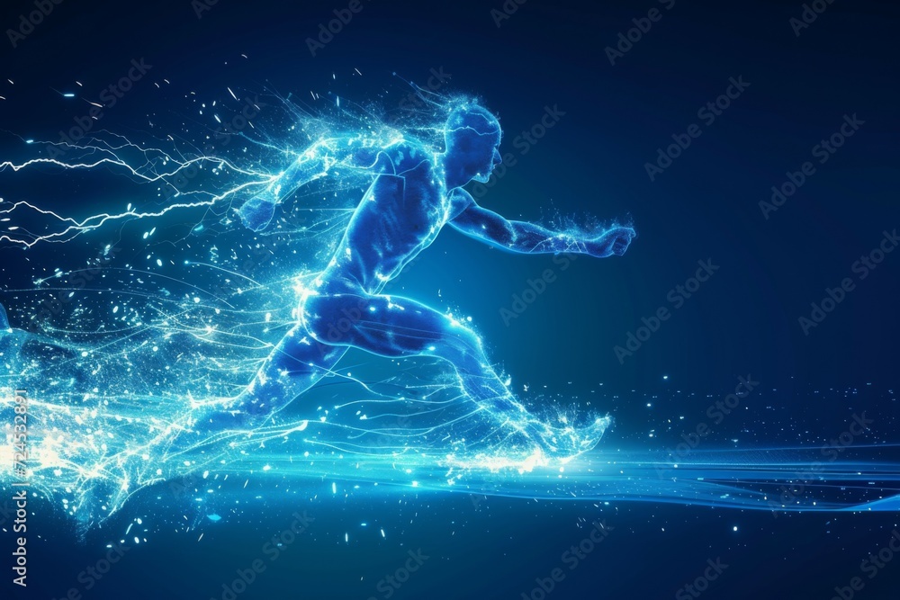 Human body shape of a running man filled with blue water on blue ...