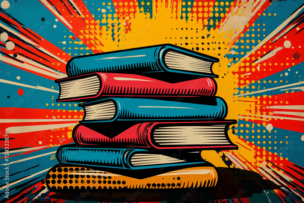 Stack of red and blue books in pop art style with orange and yellow ...