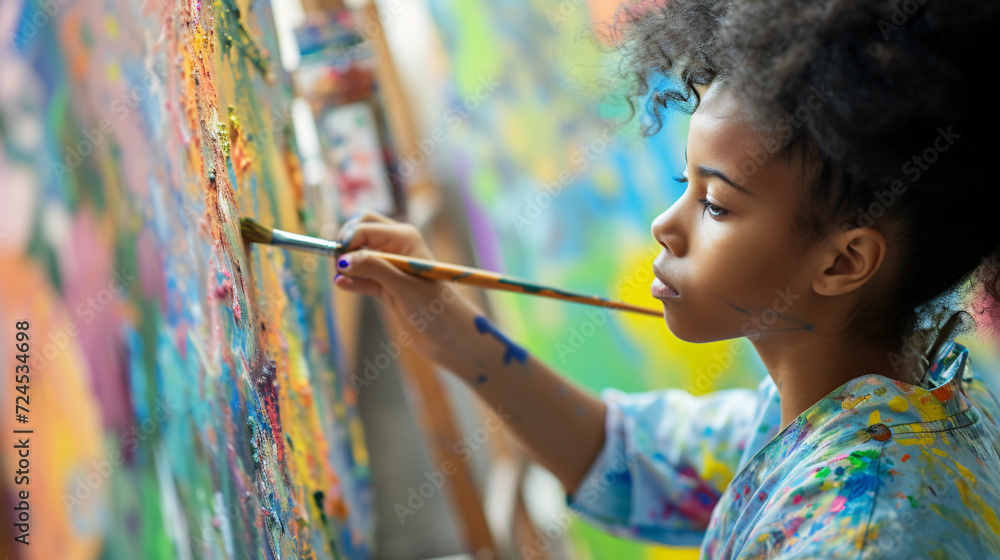 Aspiring Painter in an Art Studio. A 12-year-old in a smock ...