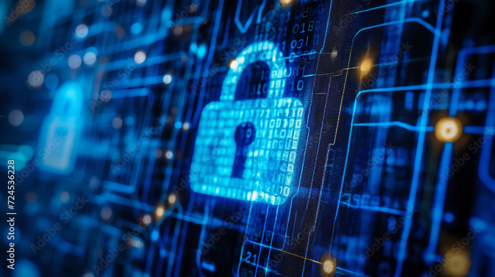 Schloss Symbol digital 3d auf Quellcode und Binären Codes sowie Zahlencode zur Verschlüsselung ...