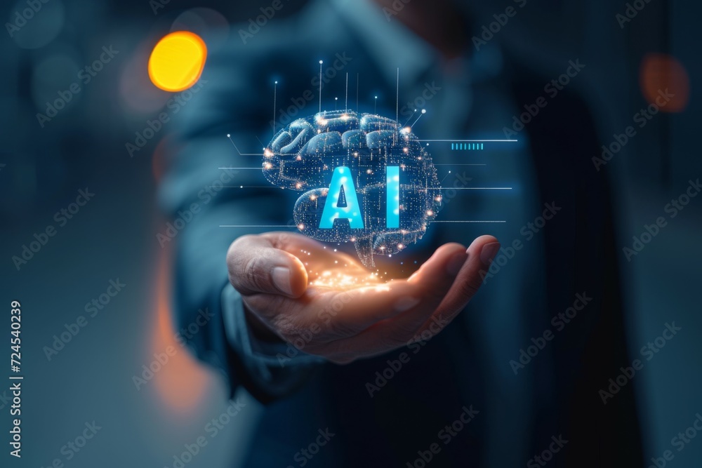 Close up man open hand holding AI brain.Artificial Intelligence or AI ...