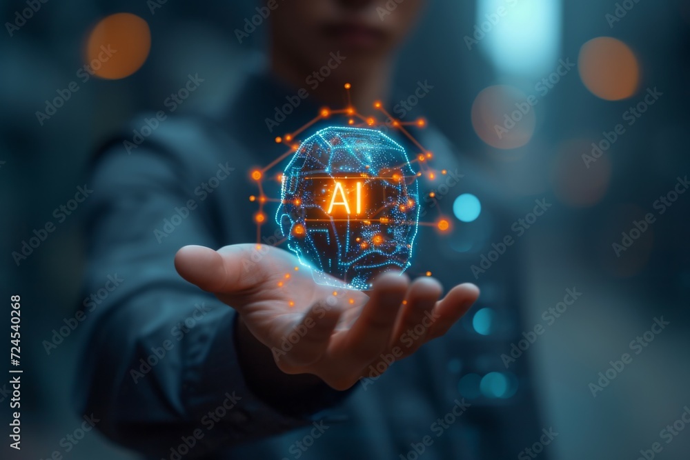 Close up man open hand holding AI brain.Artificial Intelligence or AI ...