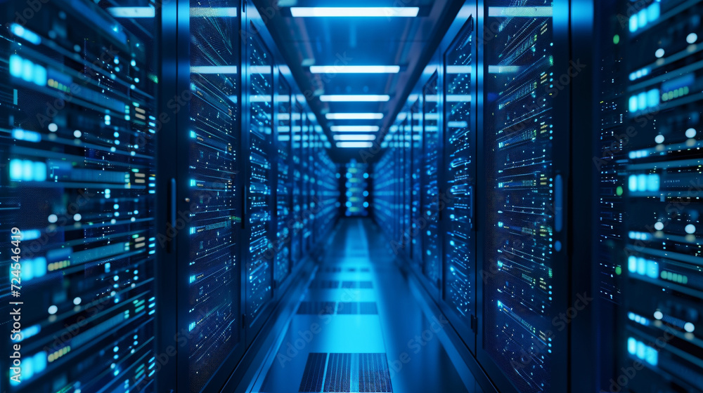 A high-tech digital networking environment, showcasing rows of server ...