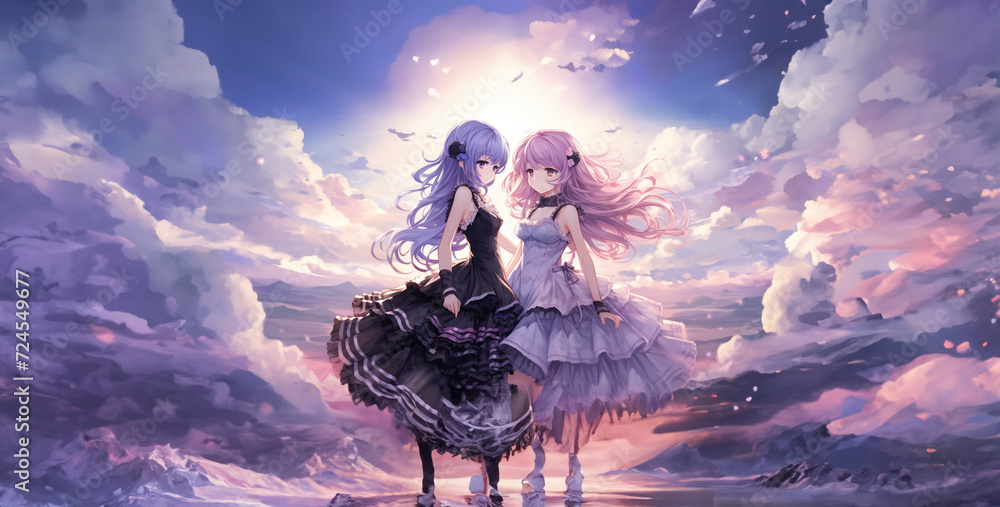 anime girls in the mountains, purple anime girls in the field, anime ...