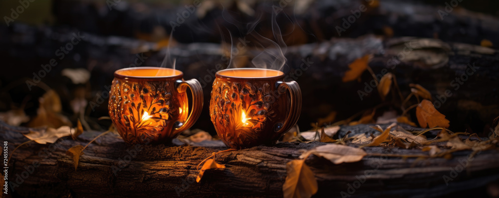Tea in traditional kuksa mugs on tree trunk in forest background. Stock ...
