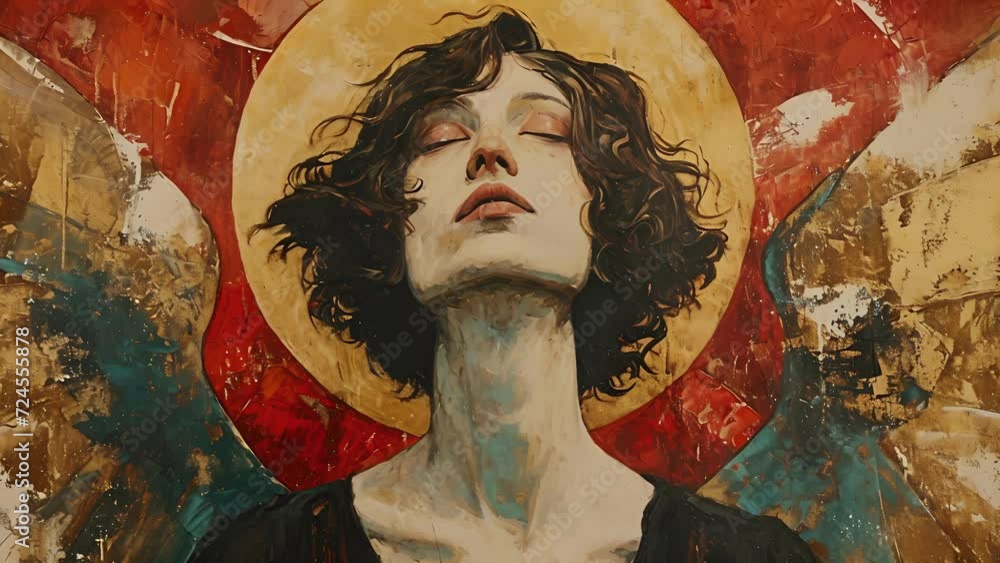 A golden halo encircles the head of a Renaissance Gothic angel captured ...