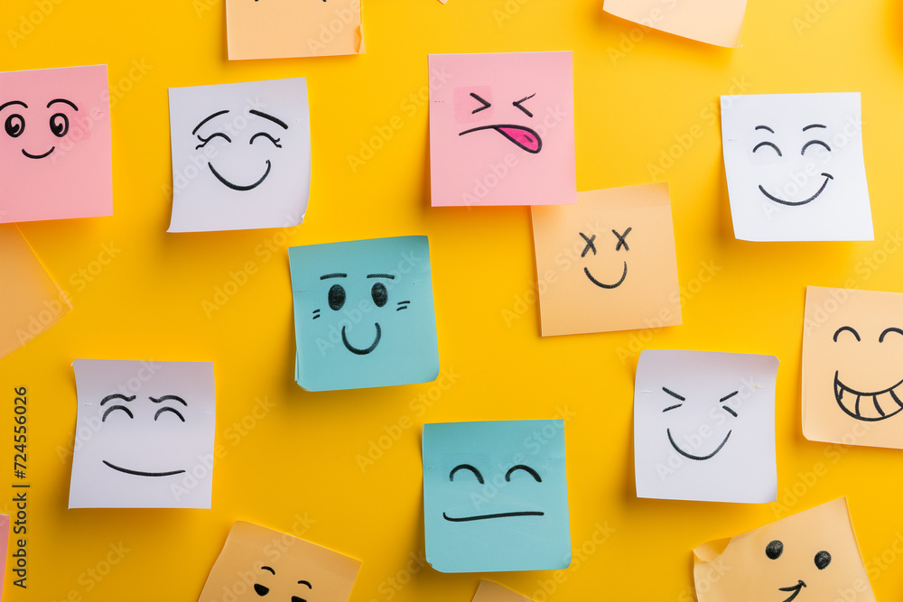 Testimonial rating concept with emotion faces on colorful sticky notes ...