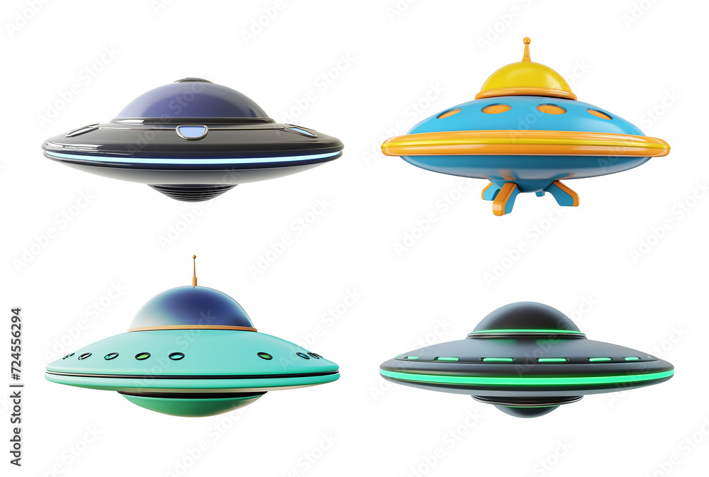 3d illustration of UFO flying saucer animation. Collection of aliens ...