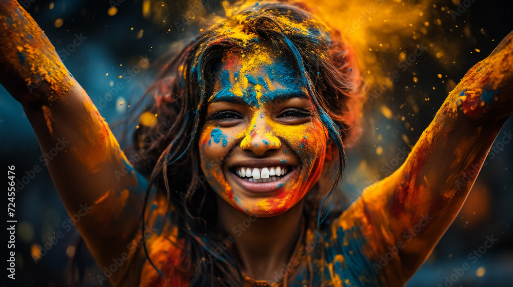 Pretty Young indian smart girl with face coloured with gulal for ...