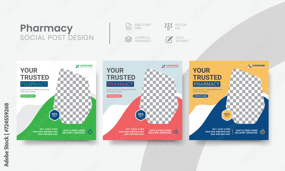 Pharmacy social media post design for medicine store banner ad. High ...
