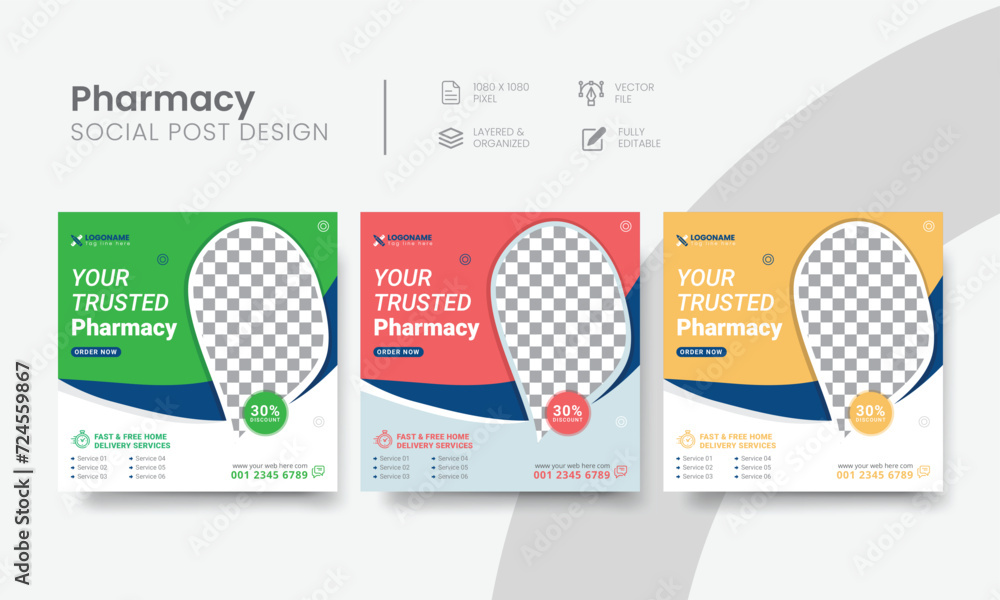 Pharmacy social media post design for medicine store banner ad. High ...