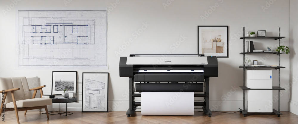 Professional Large Format Plotter At An Engineering Office Printing Design Blueprints As Wide