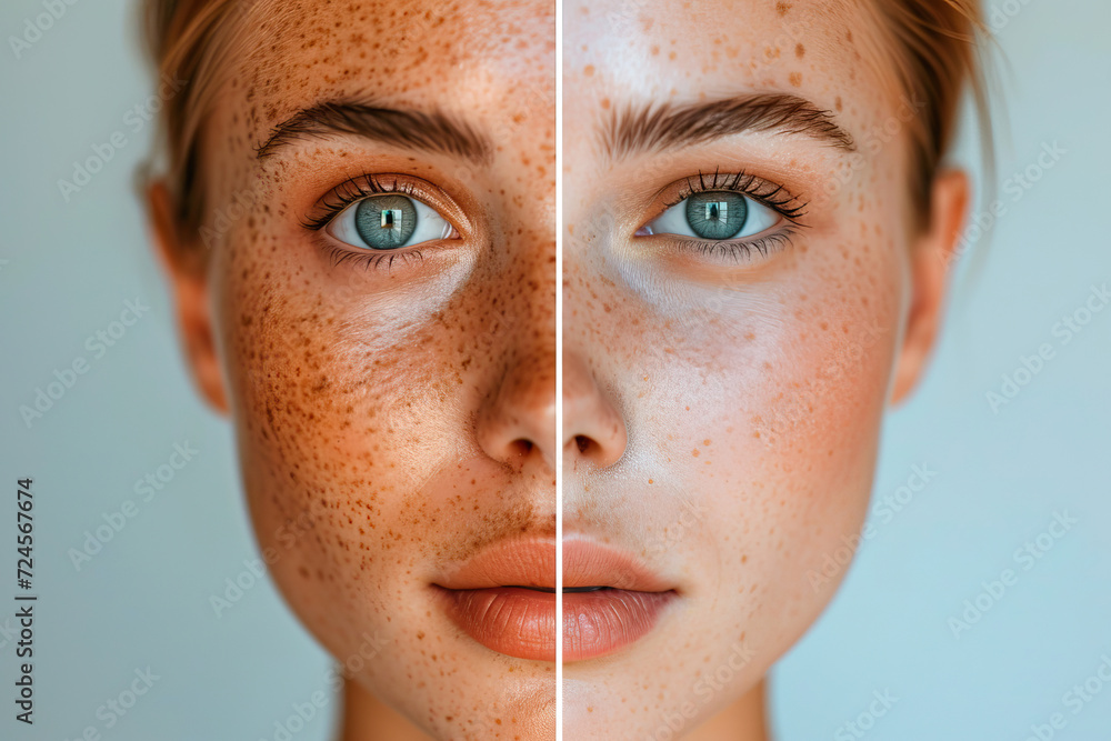 Face of a beautiful young woman divided in half. Before and after ...