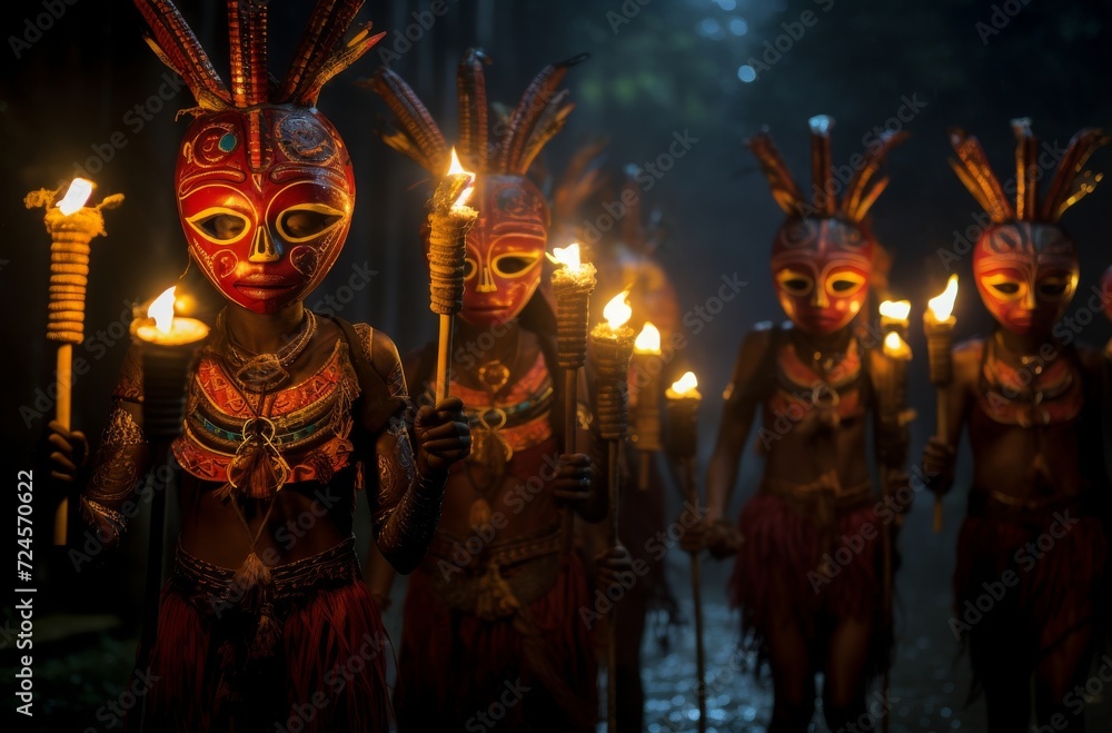 A mesmerizing outdoor festival under the stars, where masked figures ...