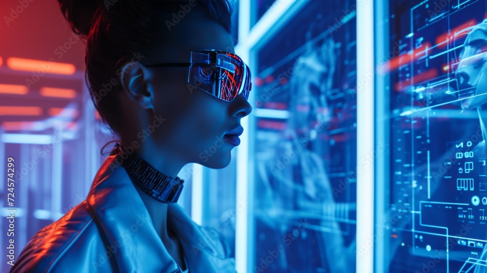 "Style futuriste : Personne avec lunettes lumineuses et veste dans une ...