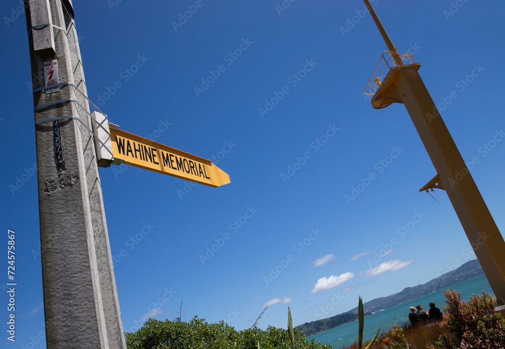 Sign and Foremast of the TEV Wahine. Monument of ship disaster. Camp ...