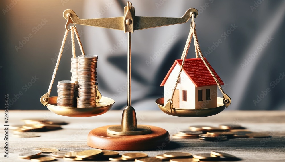 Stack of coins and a small house with a red roof, both placed on opposite sides of a balance ...