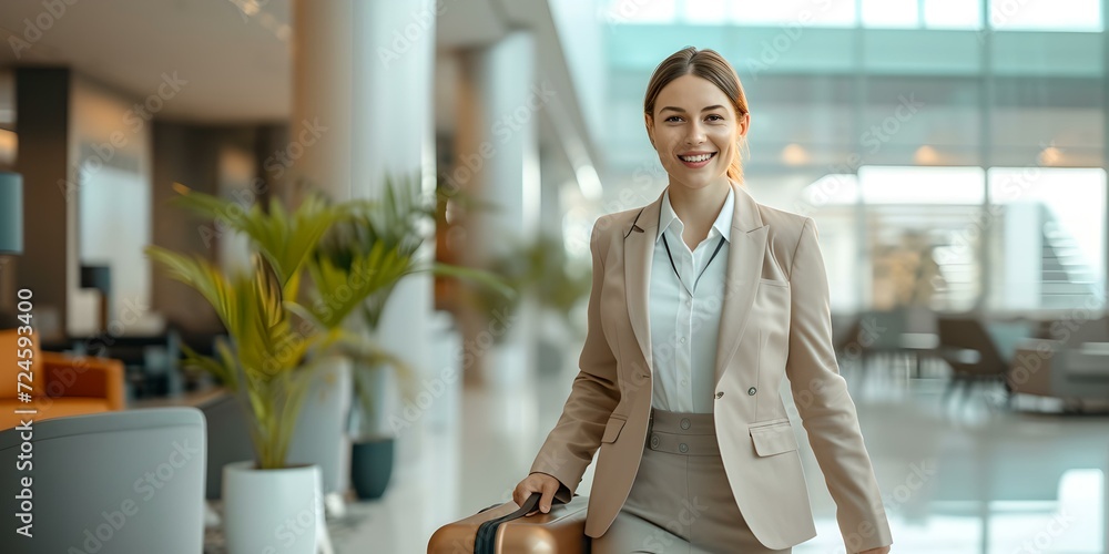 Professional woman walking through corporate lobby, confident and ...