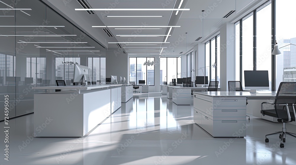 An ultra-modern office interior, characterized by sleek lines and a ...