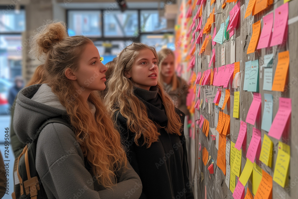 Jeunes lycéens ou étudiants devant un tableau rempli de post it ...
